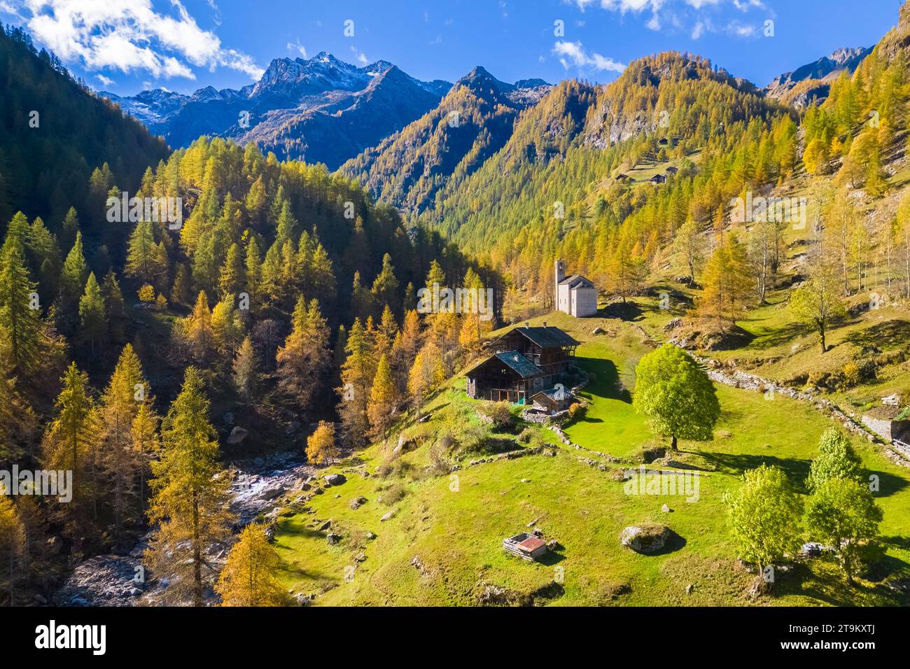 Aerial view of the Peccia, a small walser village in Val Vogna, Riva ...