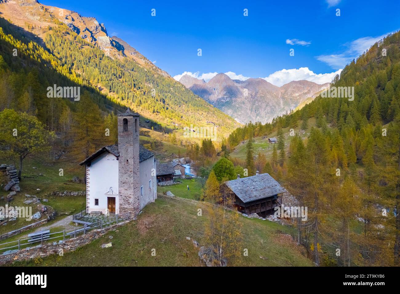 Aerial view of San Grato church in Peccia, a small walser village in ...