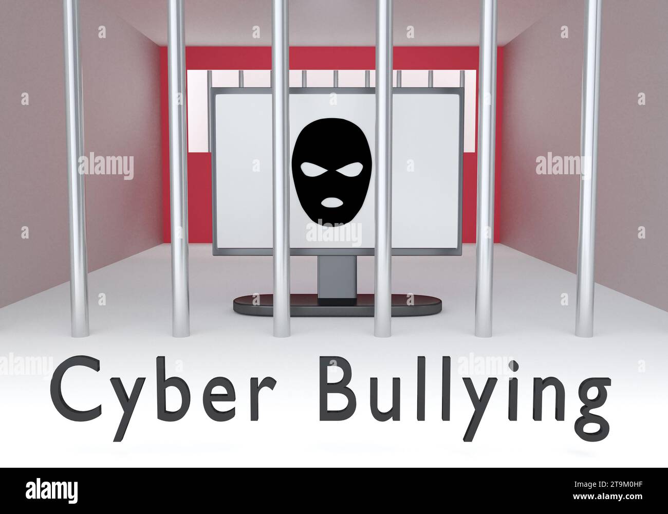 3D illustration of a robber mask on a pc screen in a prison cell ...