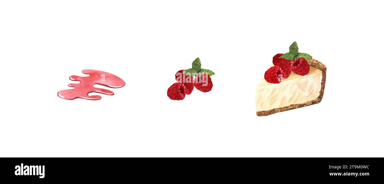 Set dessert, cheesecake with raspberries and jam. Watercolor hand-drawn ...