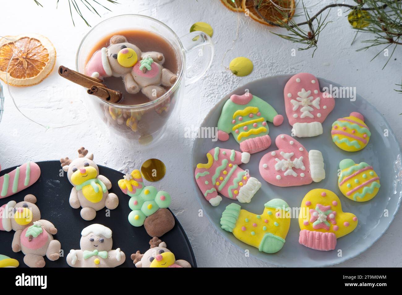 Christmas marshmallows. Winter candy. Sweet food for ugly sweater party ...