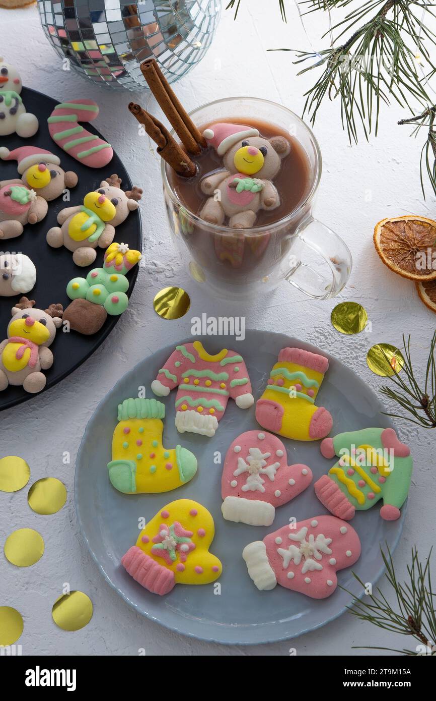 Christmas marshmallows. Winter candy. Sweet food for ugly sweater party ...