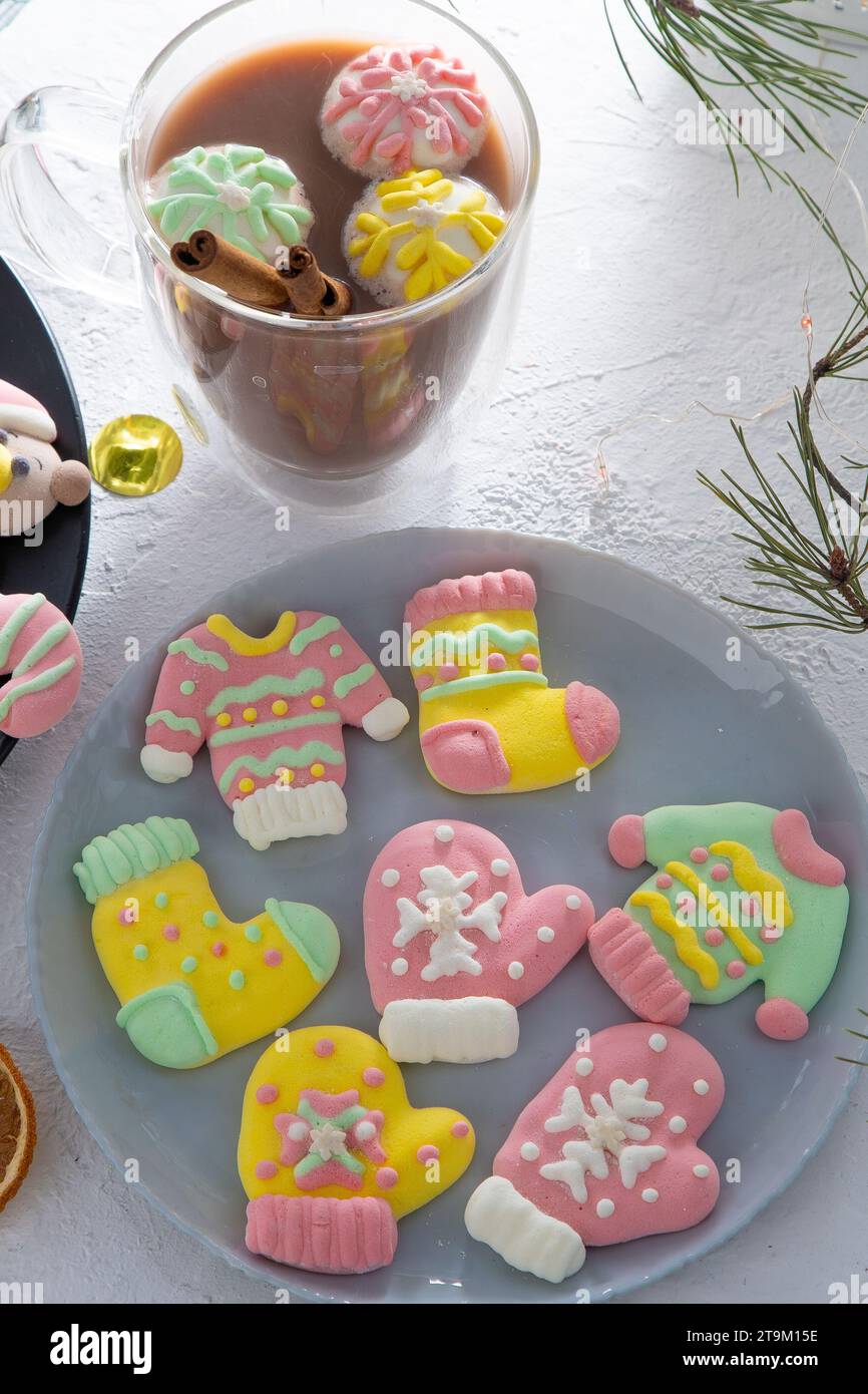 Christmas marshmallows. Winter candy. Sweet food for ugly sweater party ...