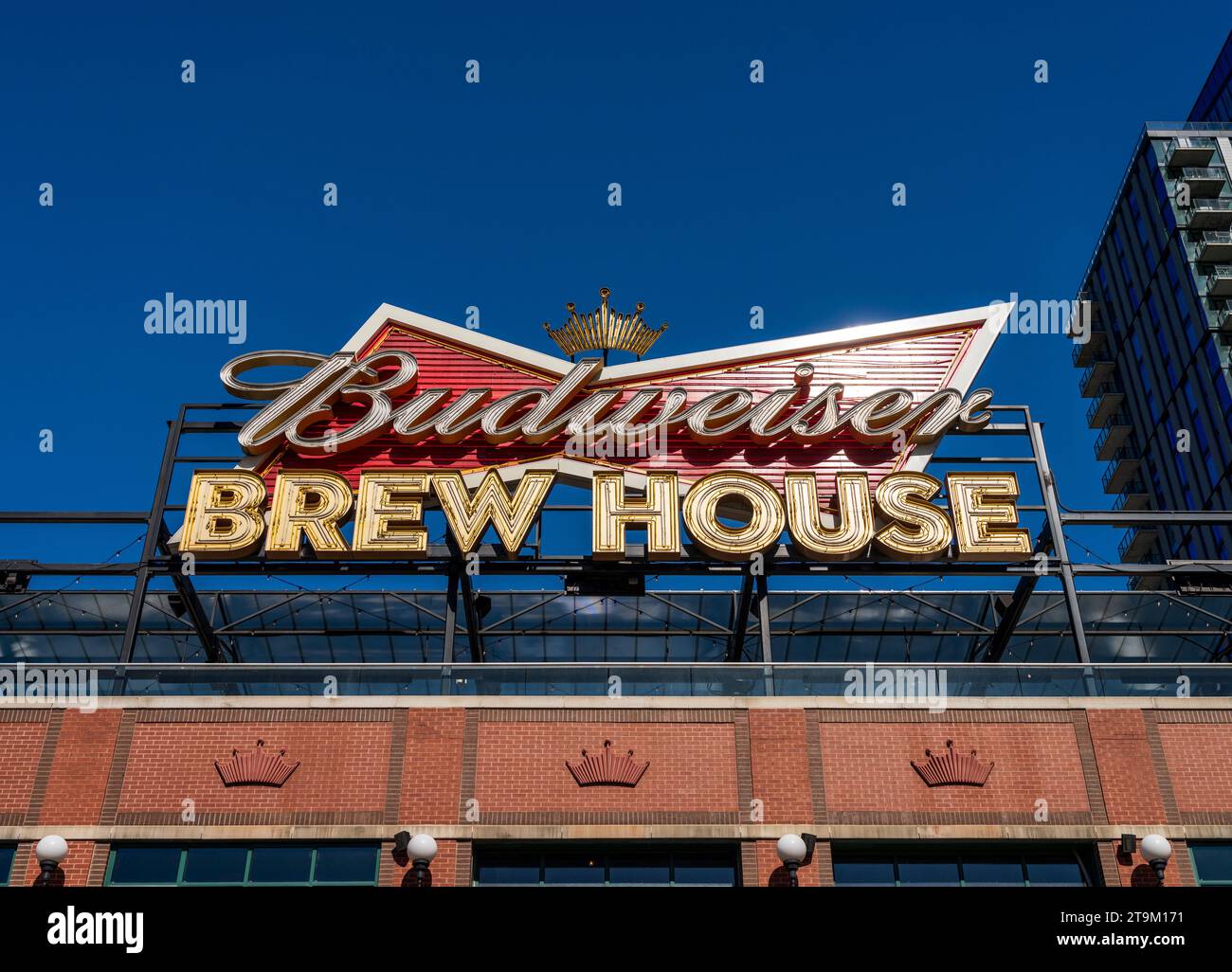 St Louis, MO - 21 October 2023: Rooftop Budweiser sign in the Saint Louis Ballpark Village ...