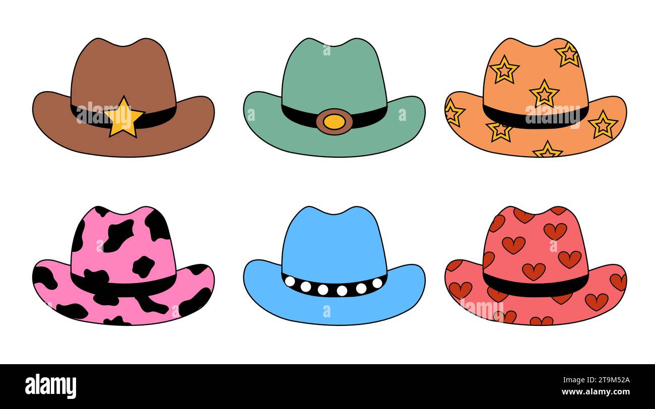 Set of retro Cowgirl hats different design. Cowboy western and wild ...