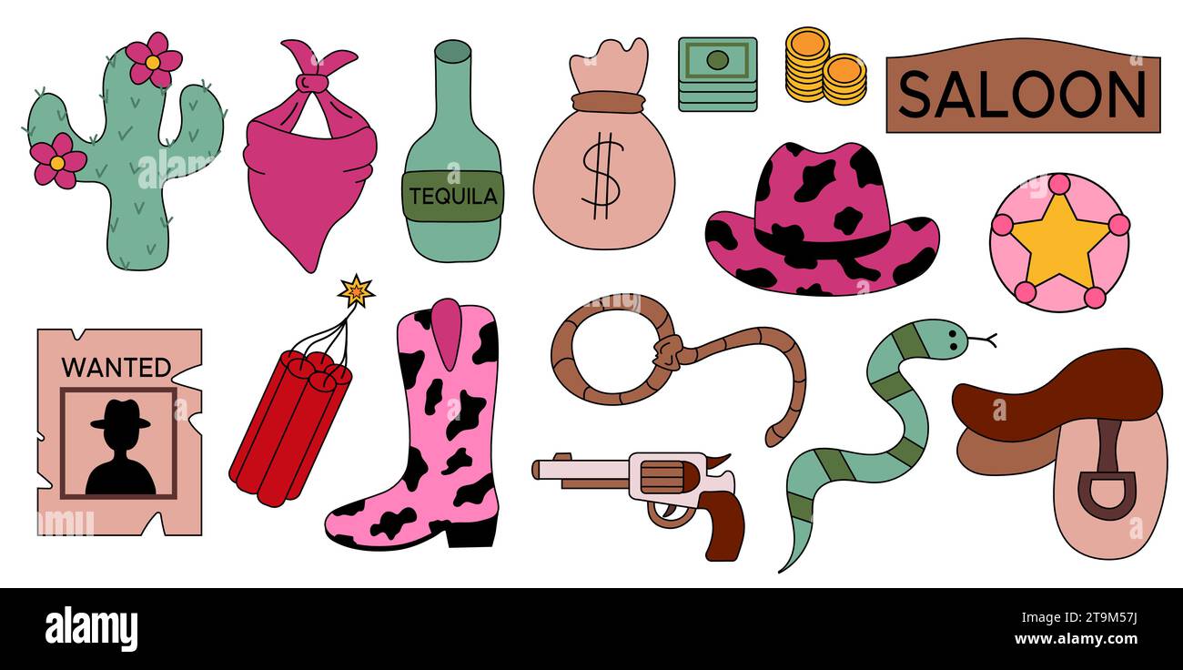Collection of retro Cowgirl elements. Cowgirl boots, rope, gun, saddle ...