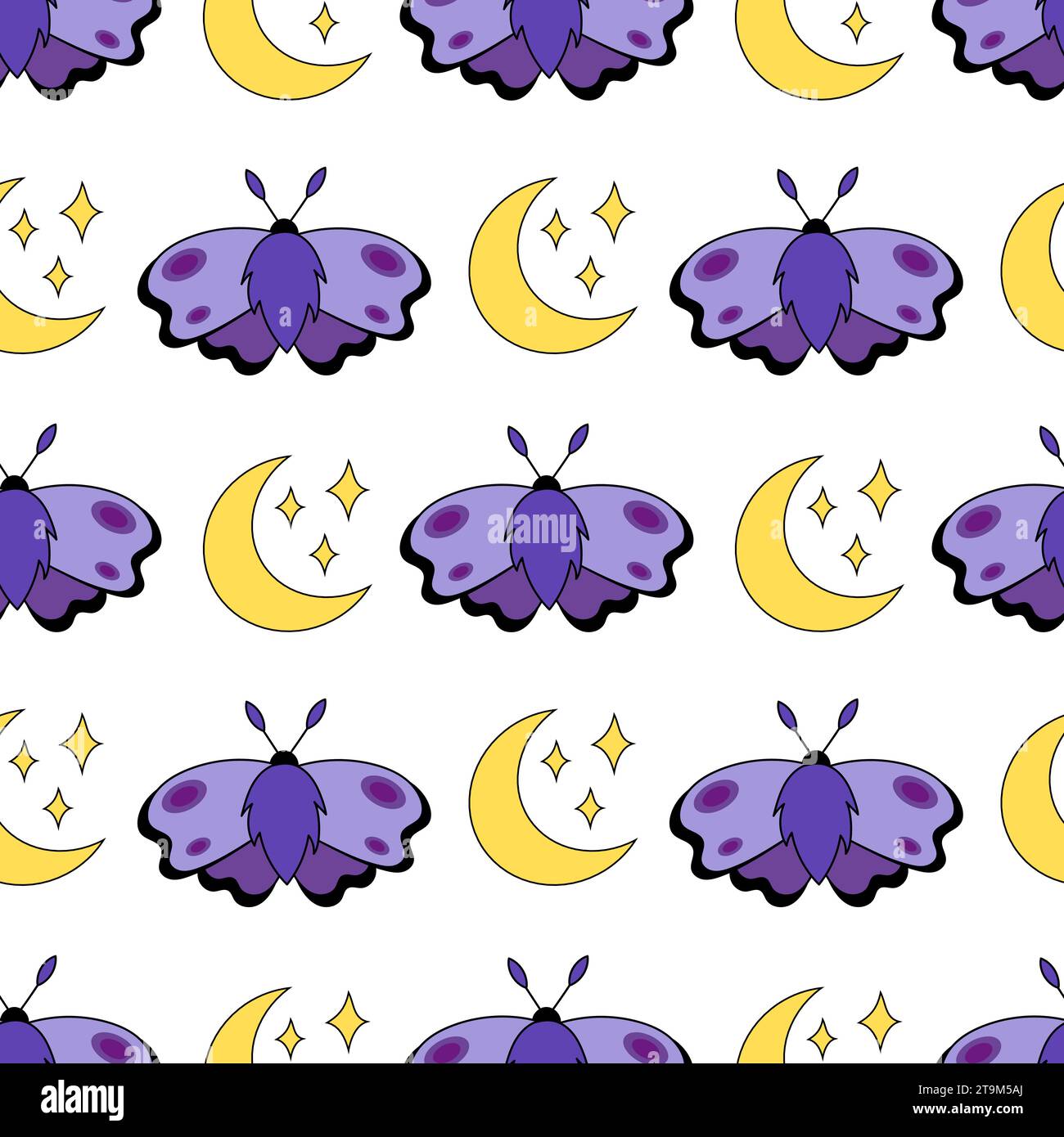Seamless pattern with Purple Moth, Stars and Moon. Flying magic insect ...