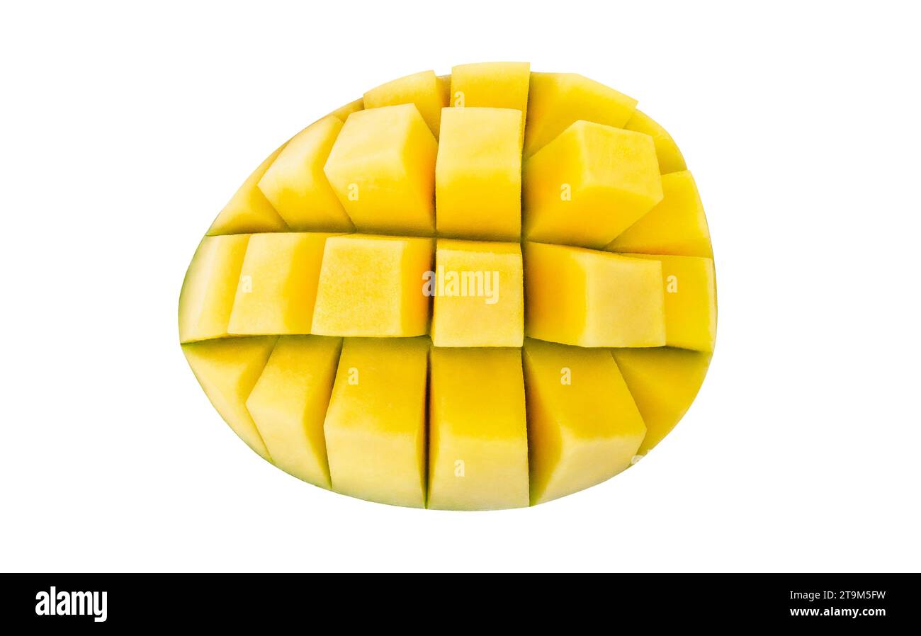 Mango cut into cubes, top view, isolated on white background with ...