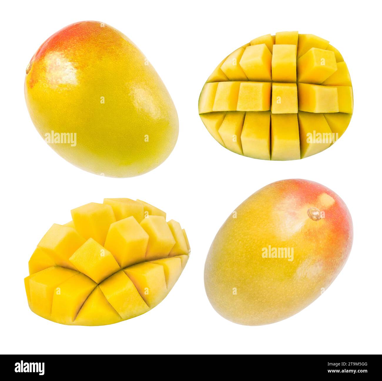 Mango whole and cut cubes, set of part, isolated on white background ...