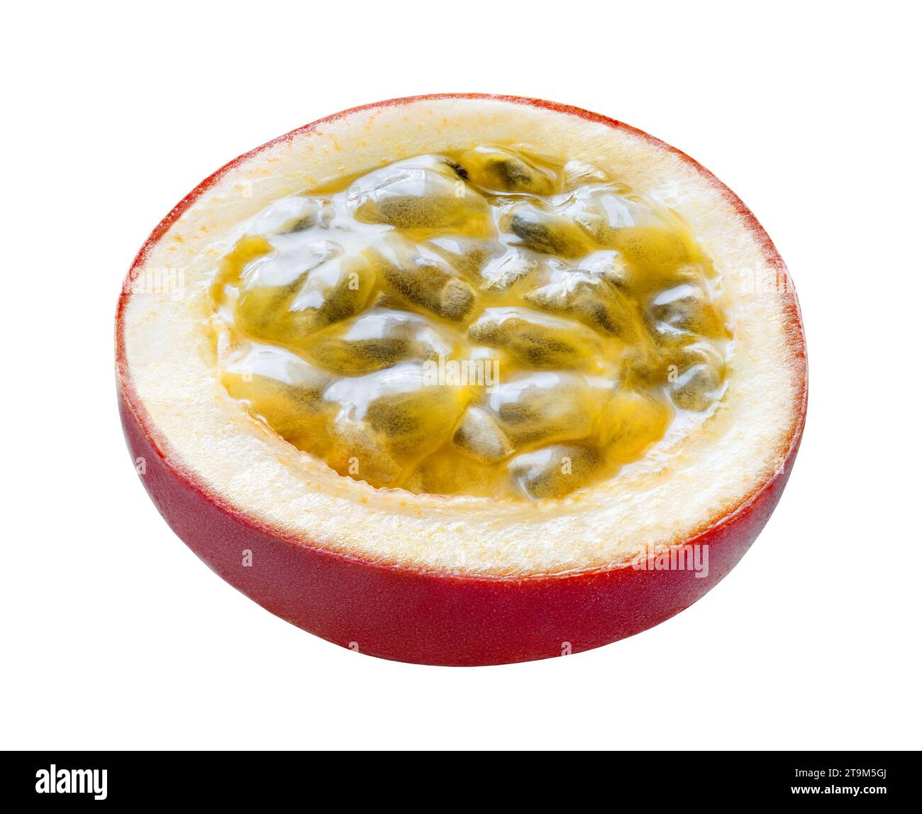 Passion fruit cut into half core isolated on white background with ...