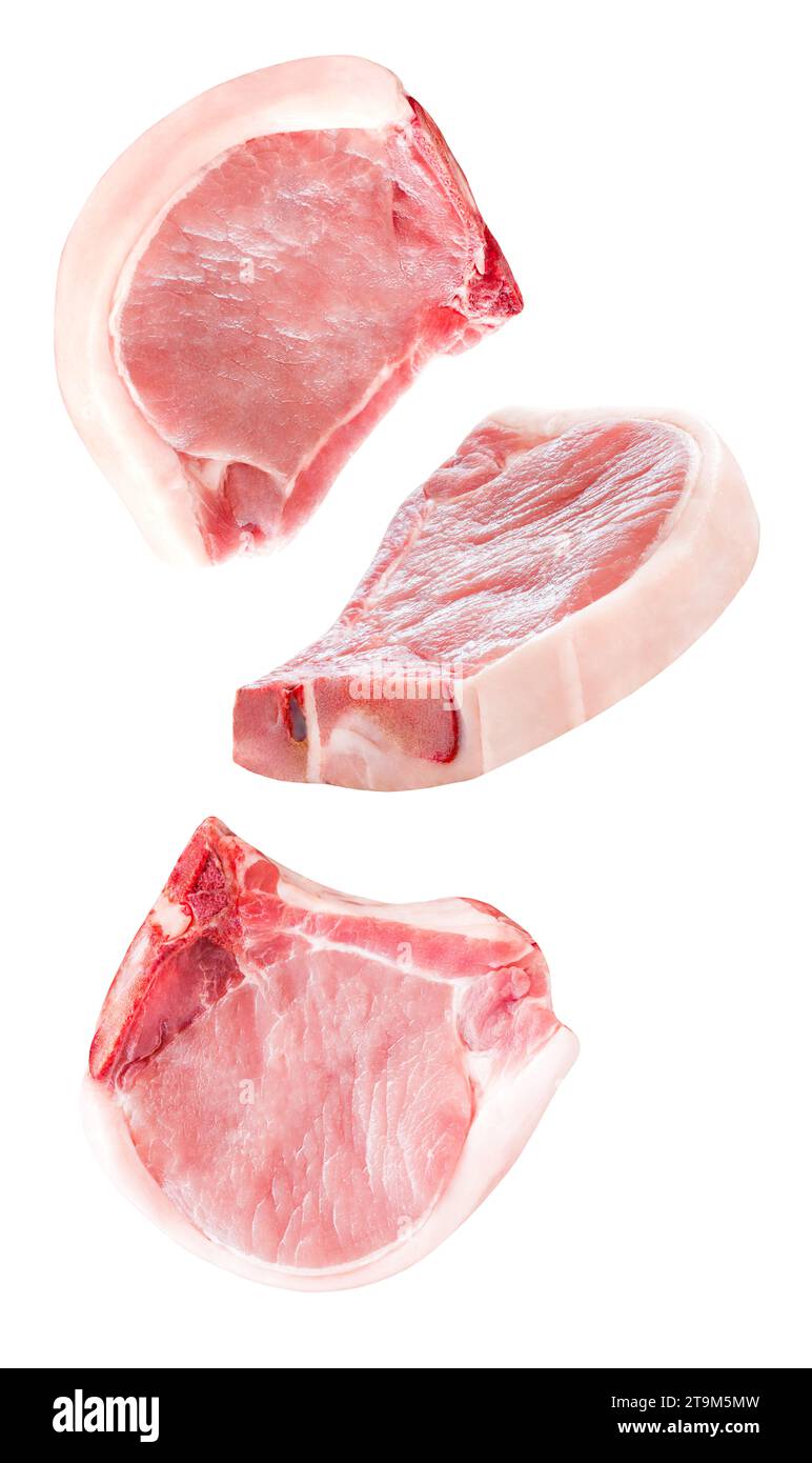 Pork meat raw, pieces falling, hanging, flying, soaring isolated on ...
