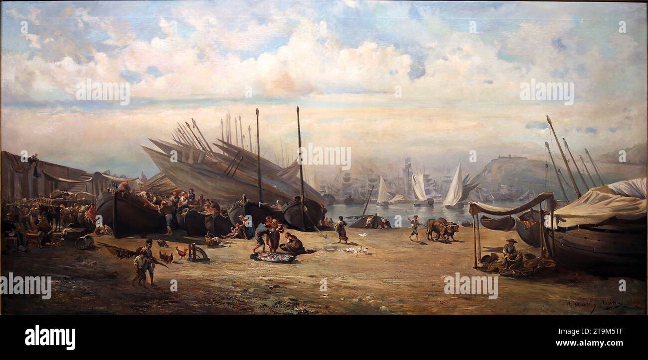 La Barceloneta, 1870, landscape by Ramon Marti Alsina (1826-1894). Oil ...