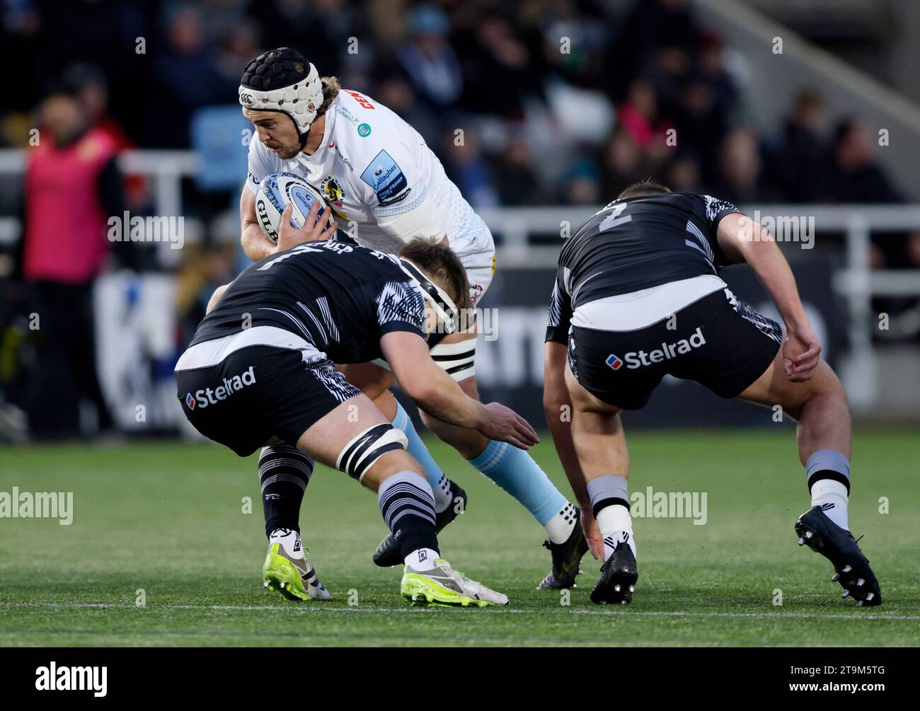 Newcastle Falcons' Guy Pepper (left) and Exeter Chiefs' Aidon Davis in ...