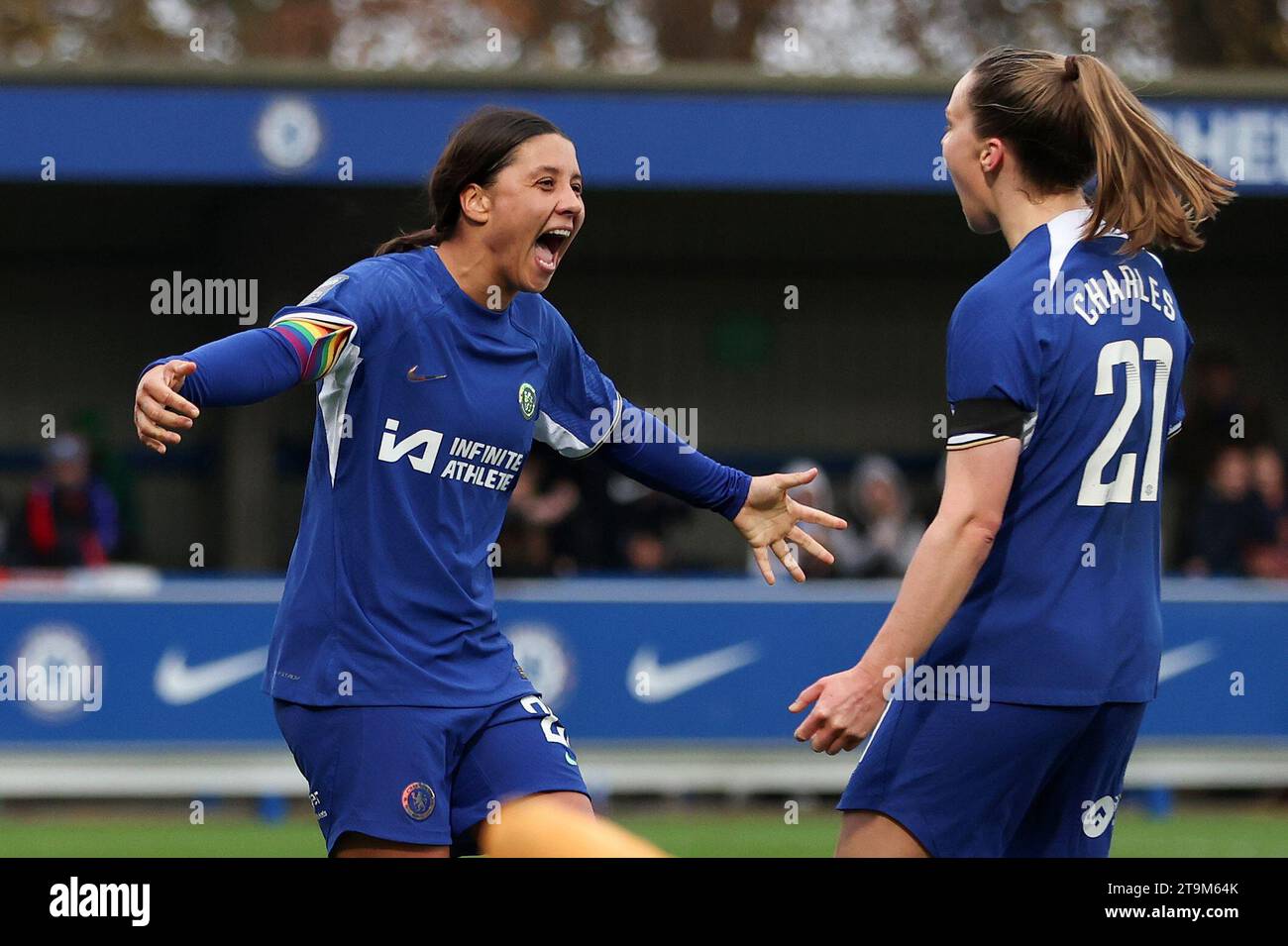Chelsea’s Sam Kerr celebrates with team mate Chelsea’s Niamh Charles ...