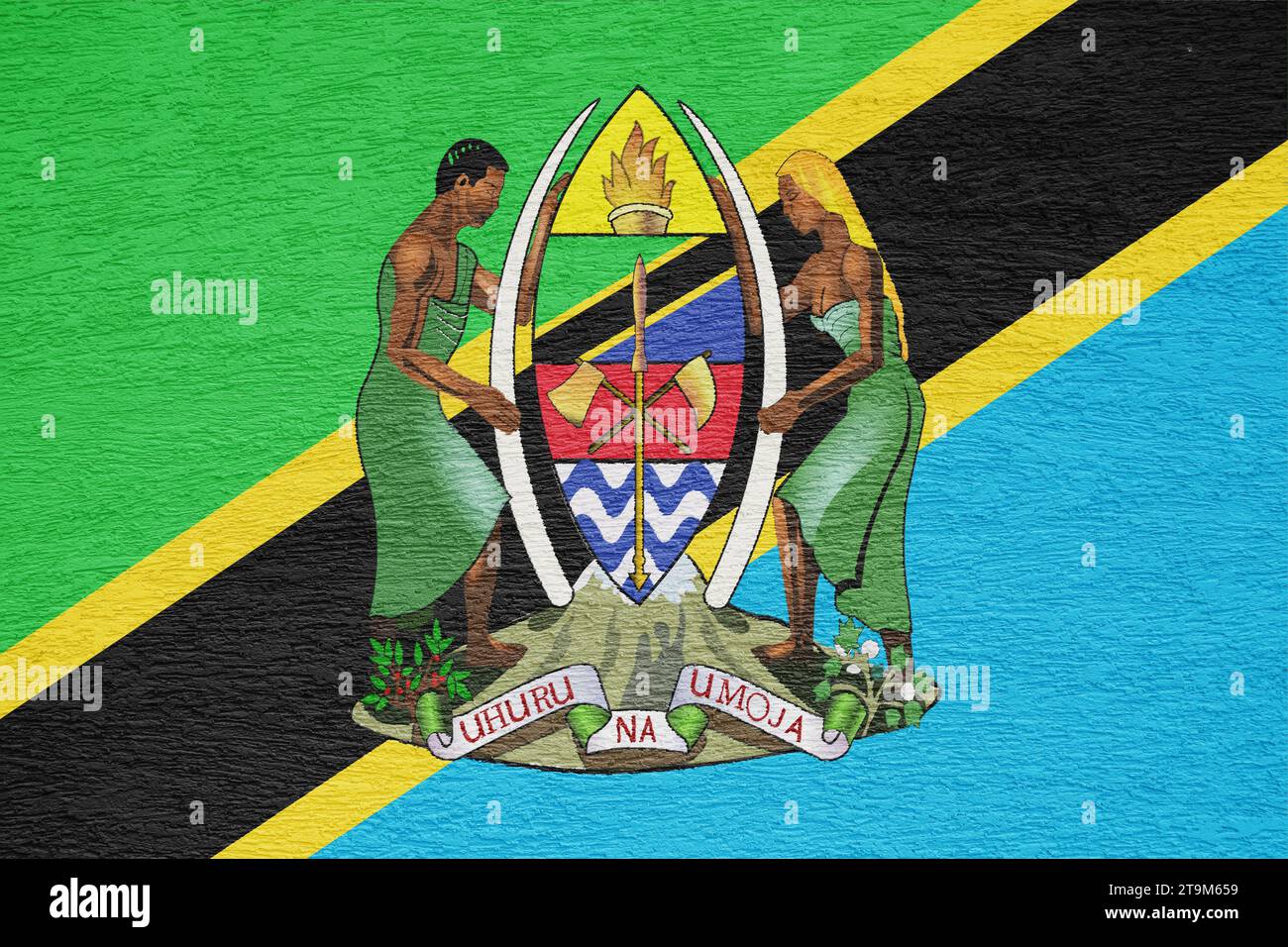 Flag and coat of arms of United Republic of Tanzania on a textured ...