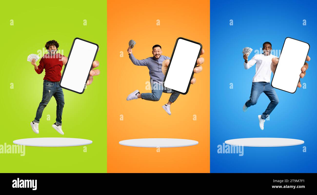 Cheerful excited millennial diverse men show smartphone with empty ...