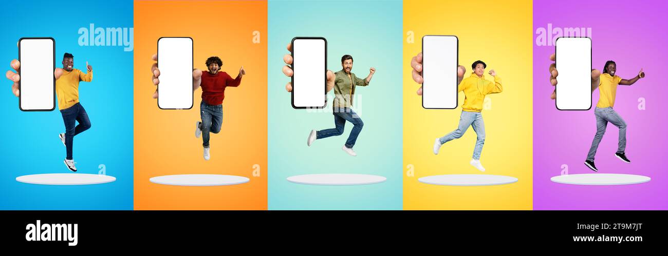 Positive excited young diverse men show big smartphone with empty ...
