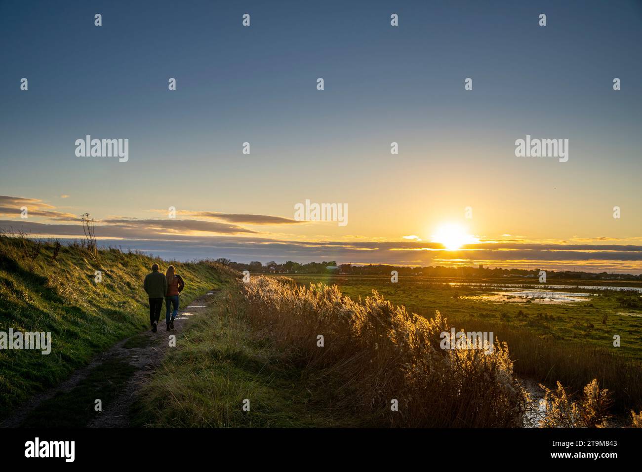Two people, a man and a woman, walk along a footpath next to reeds and ...