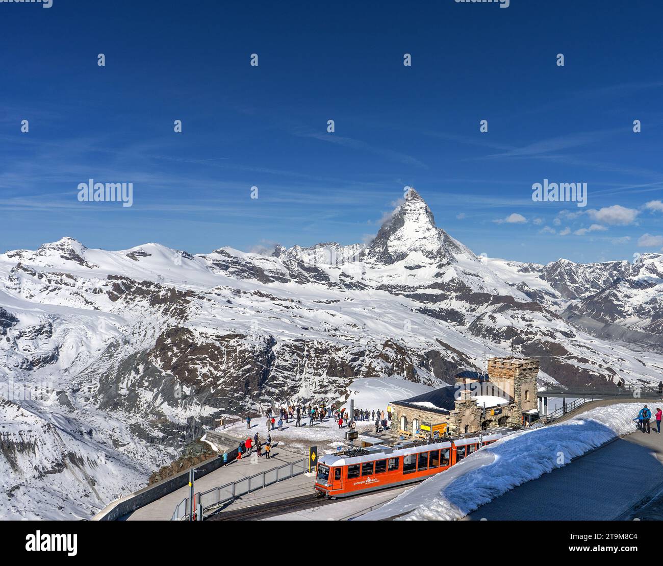 The Matterhorn, Switzerland with Gornergrat station and rack railway ...