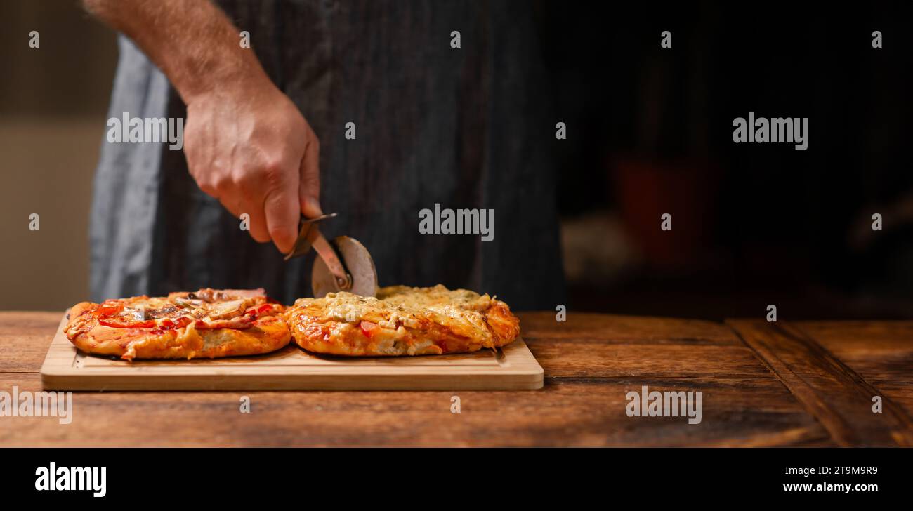Homemade Pizza Artisan: Precision slicing by a man creates a beautiful ...