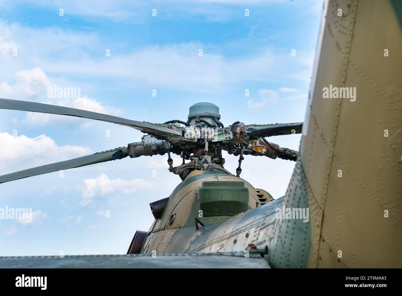 Old Soviet-made camouflage Mi-24 military helicopter propeller Stock ...