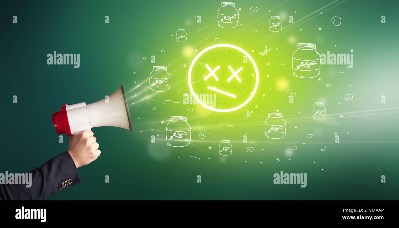 Young person with megaphone and healthy food icon Stock Photo - Alamy