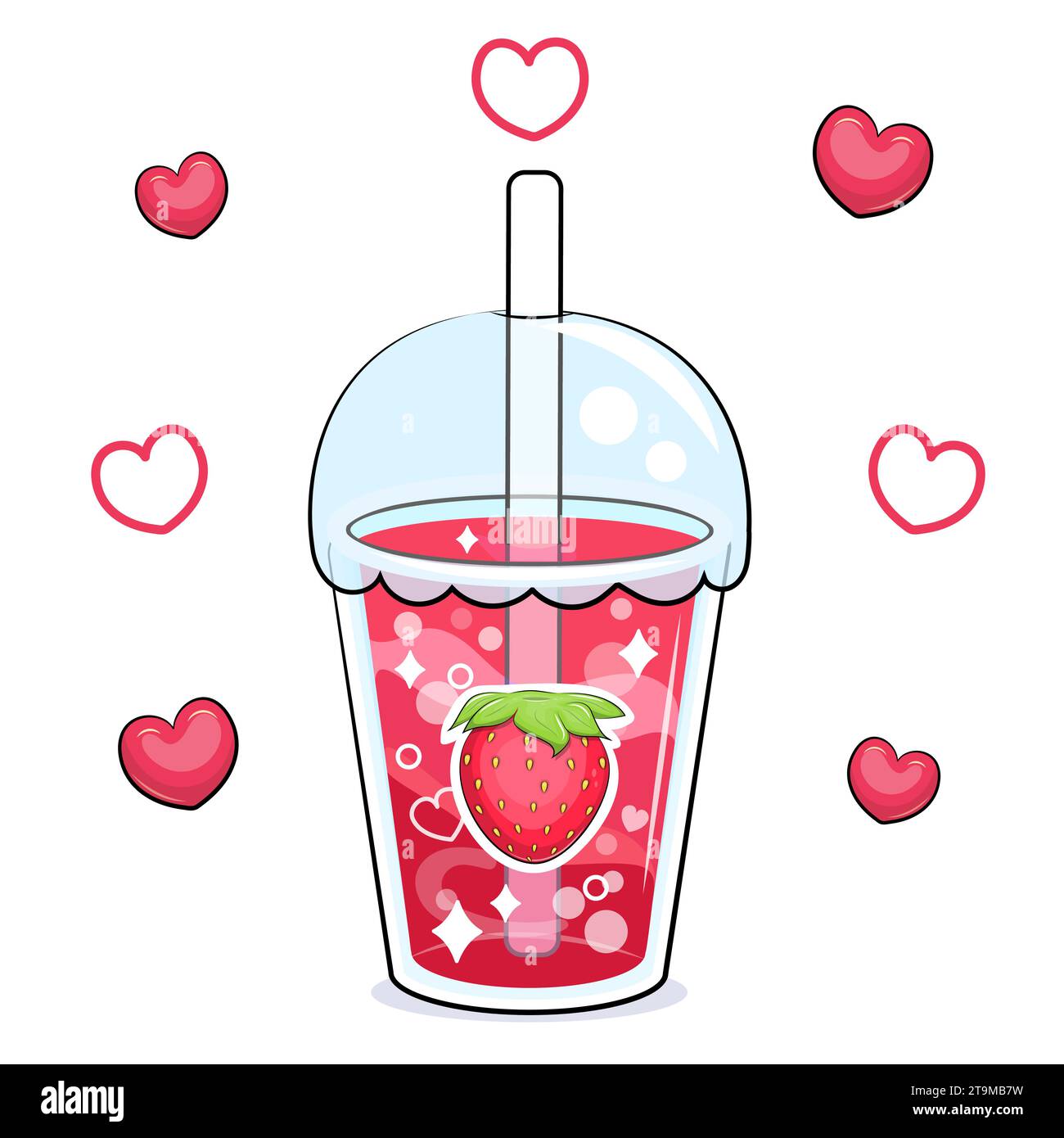 Cute cartoon big strawberry drink. Vector illustration of a cup of red ...