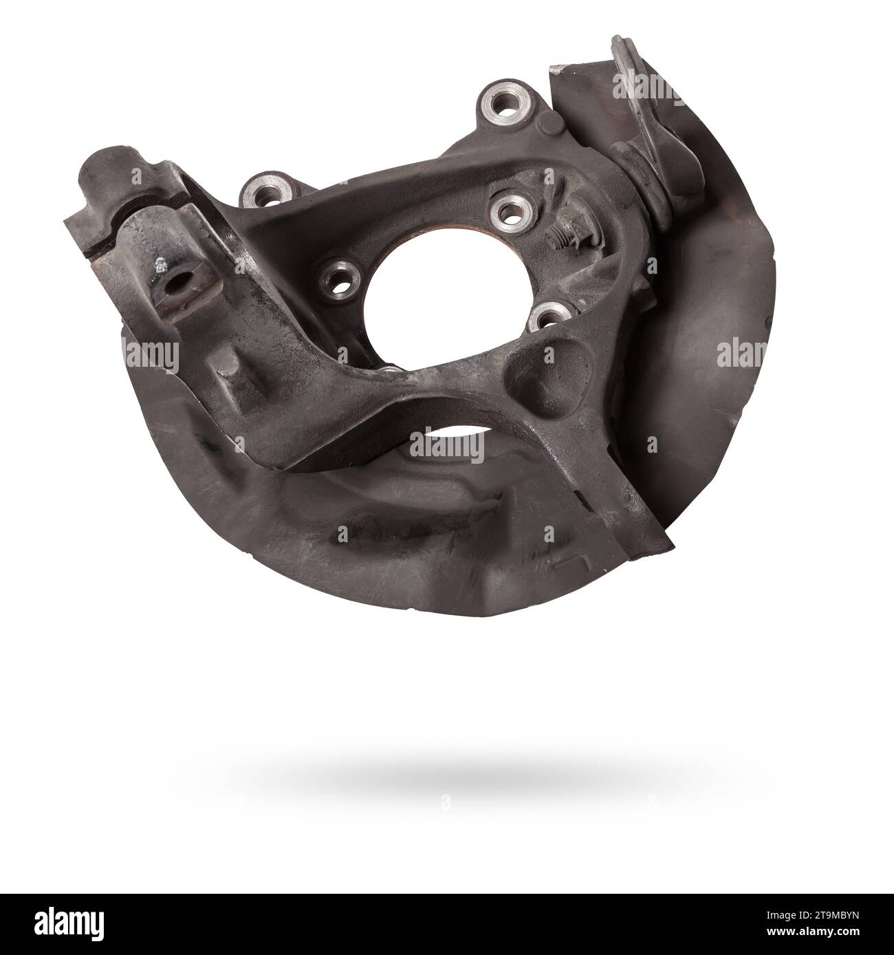 A close-up of a worn metal wheel hub with oil and rust elements on a ...