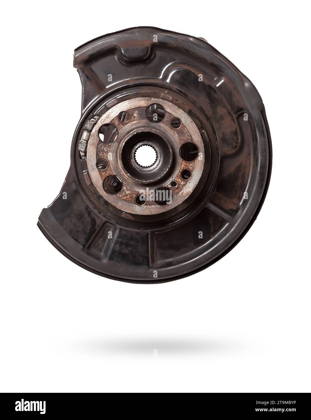 A close-up of a worn metal wheel hub with oil and rust elements on a ...