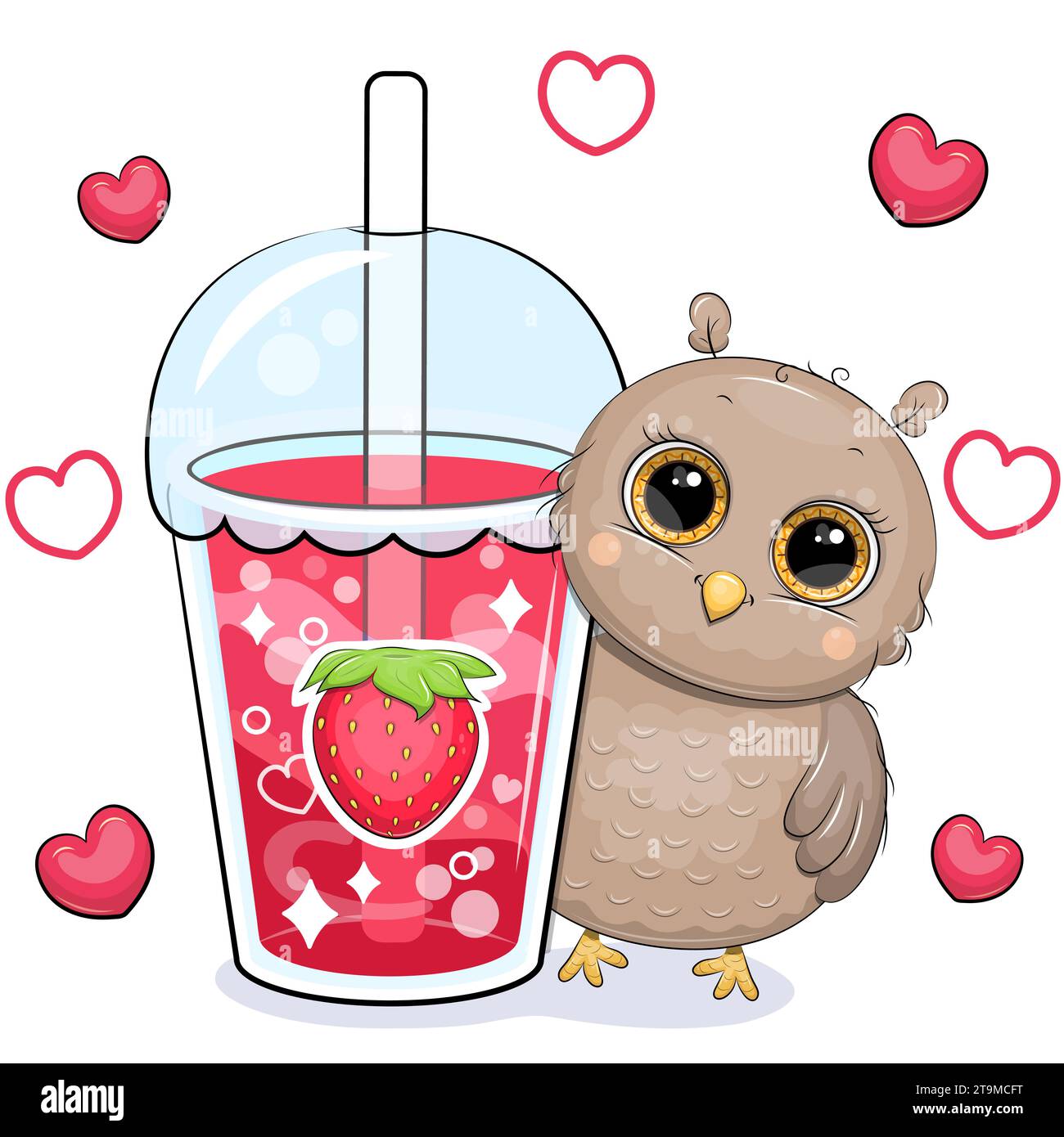 Cute cartoon owl with a big strawberry drink. Vector illustration of ...