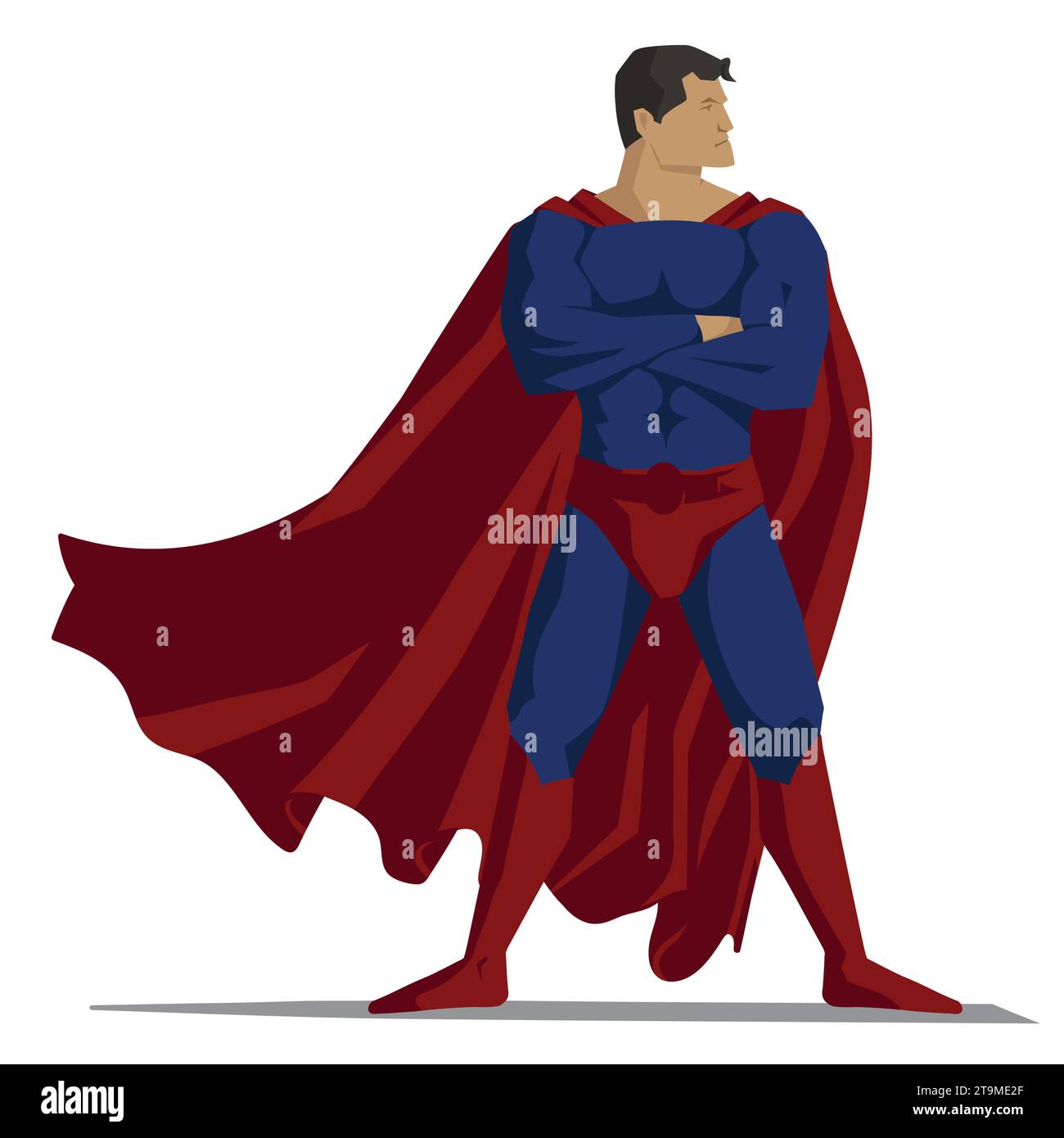 A male super hero in a blue suit and a red cape stands with his arms ...