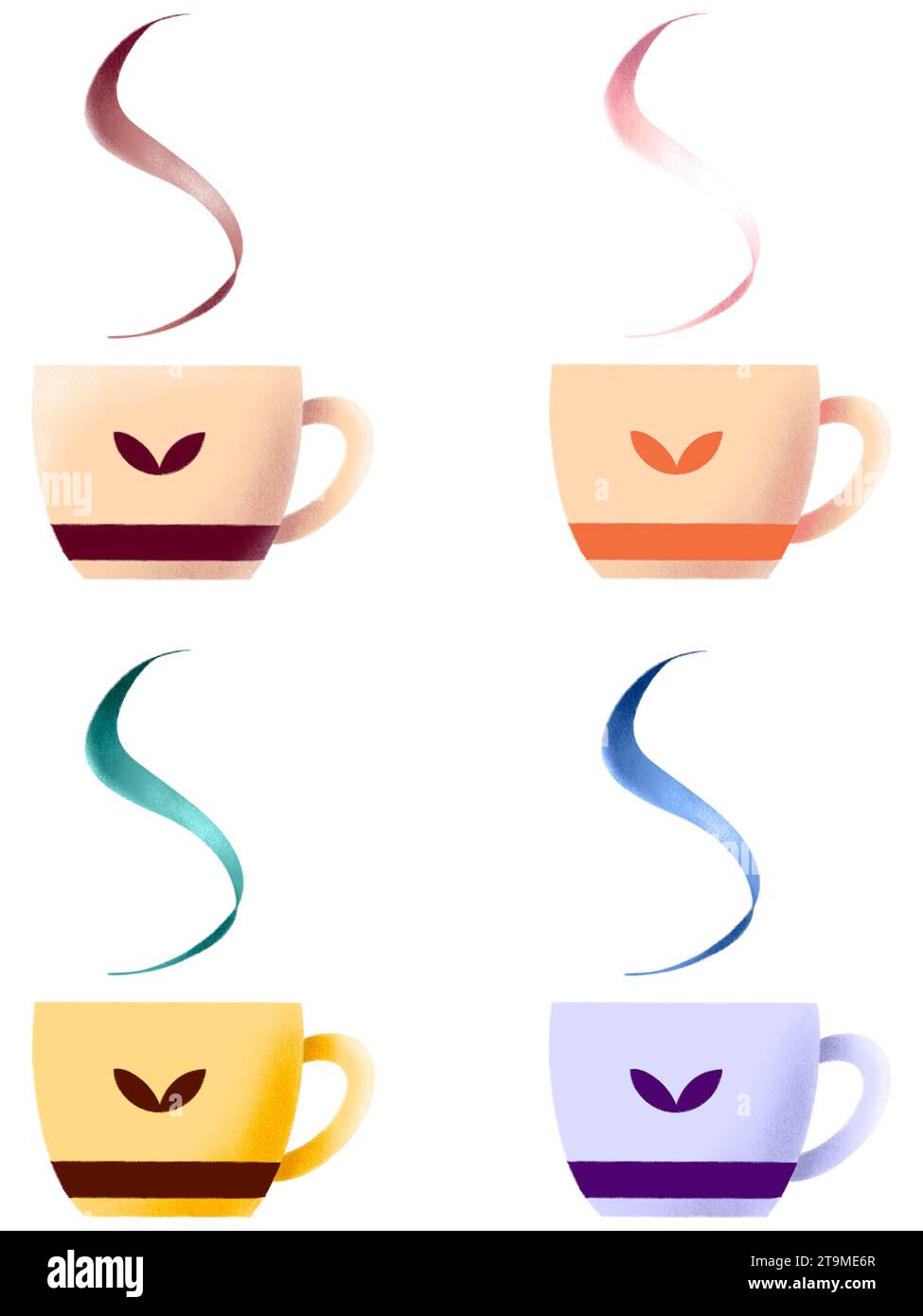 Hot cups with steam in four different colors drawn in cartoon style ...