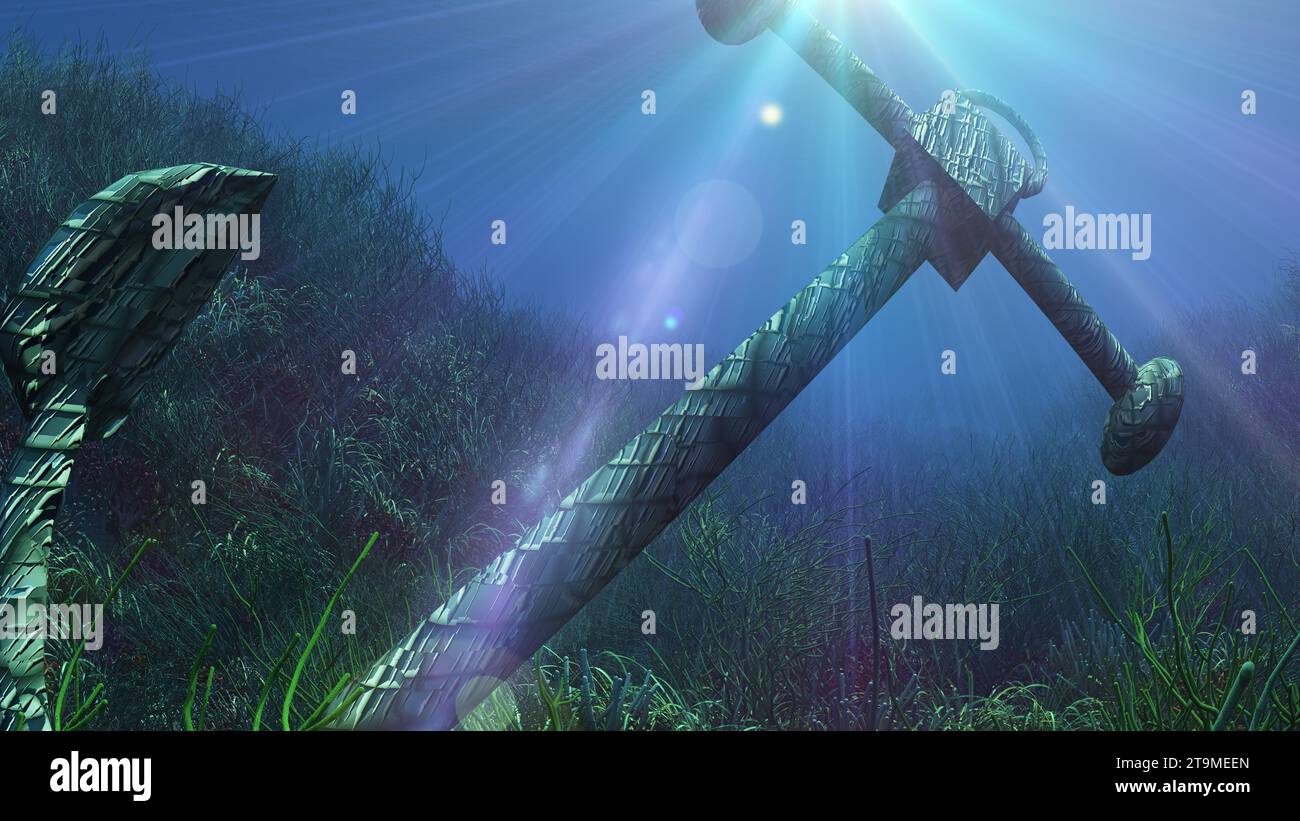 anchor under water sun ray illustration 3d rendering Stock Photo - Alamy