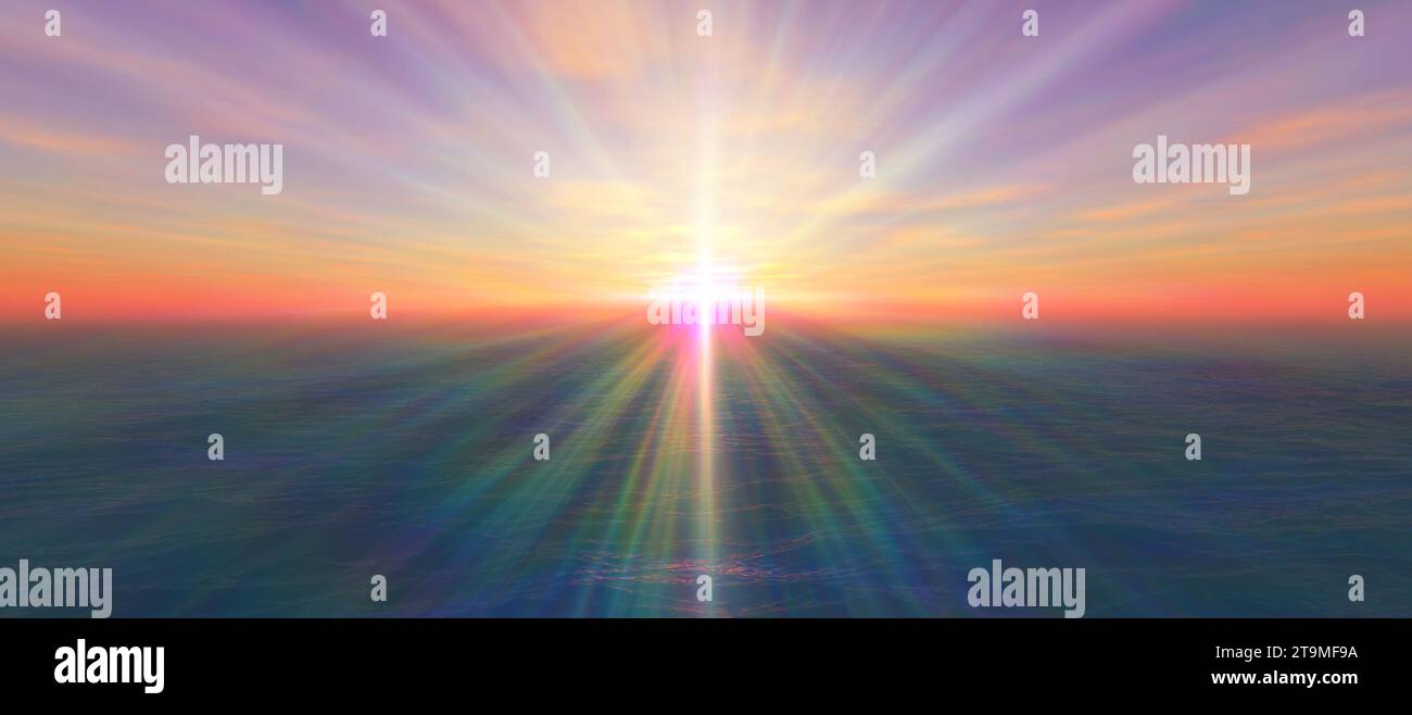 sunset sea sun ray clear sky, 3d rendering illustration Stock Photo - Alamy