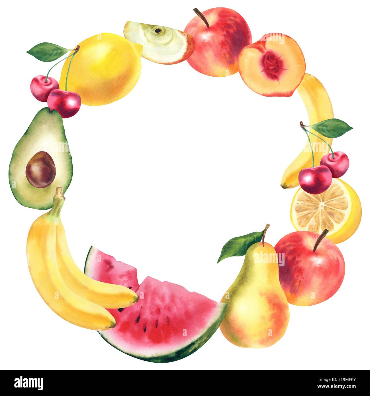 A wreath of fruits, watermelon, lemon, apple, banana, cherry, pear ...