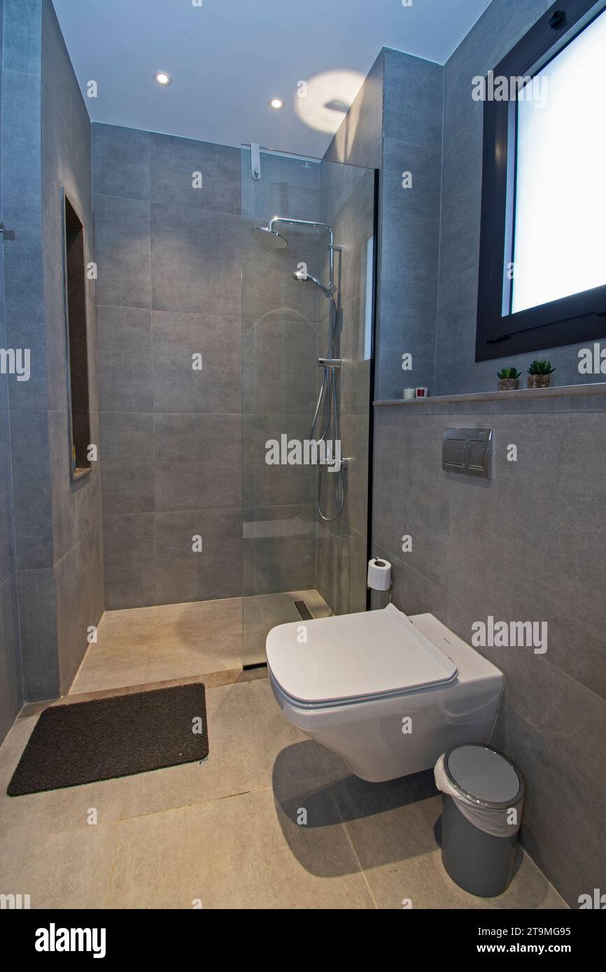 Interior design of a luxury show home bathroom with shower cubicle and ...