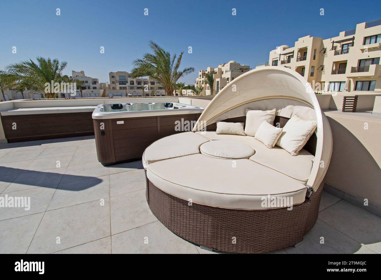 Roof terrace patio furniture at a luxury holiday villa in tropical ...