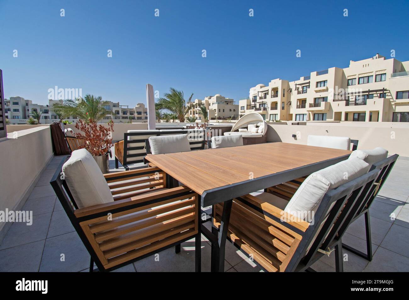 Roof terrace patio furniture at a luxury holiday villa in tropical ...