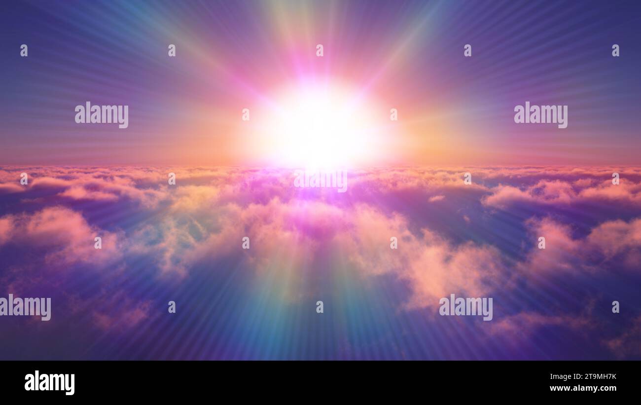above clouds fly sunset sun ray illustration, 3d render Stock Photo - Alamy