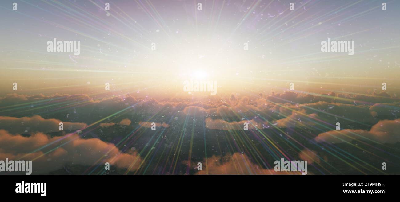 above clouds fly sunset sun ray illustration, 3d render Stock Photo - Alamy