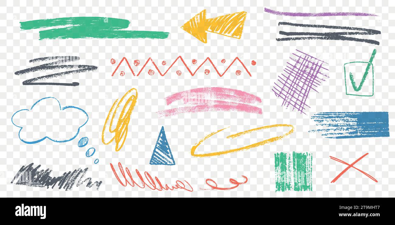 Hand drawn colored charcoal pencil stroke lines, grids and squiggles ...