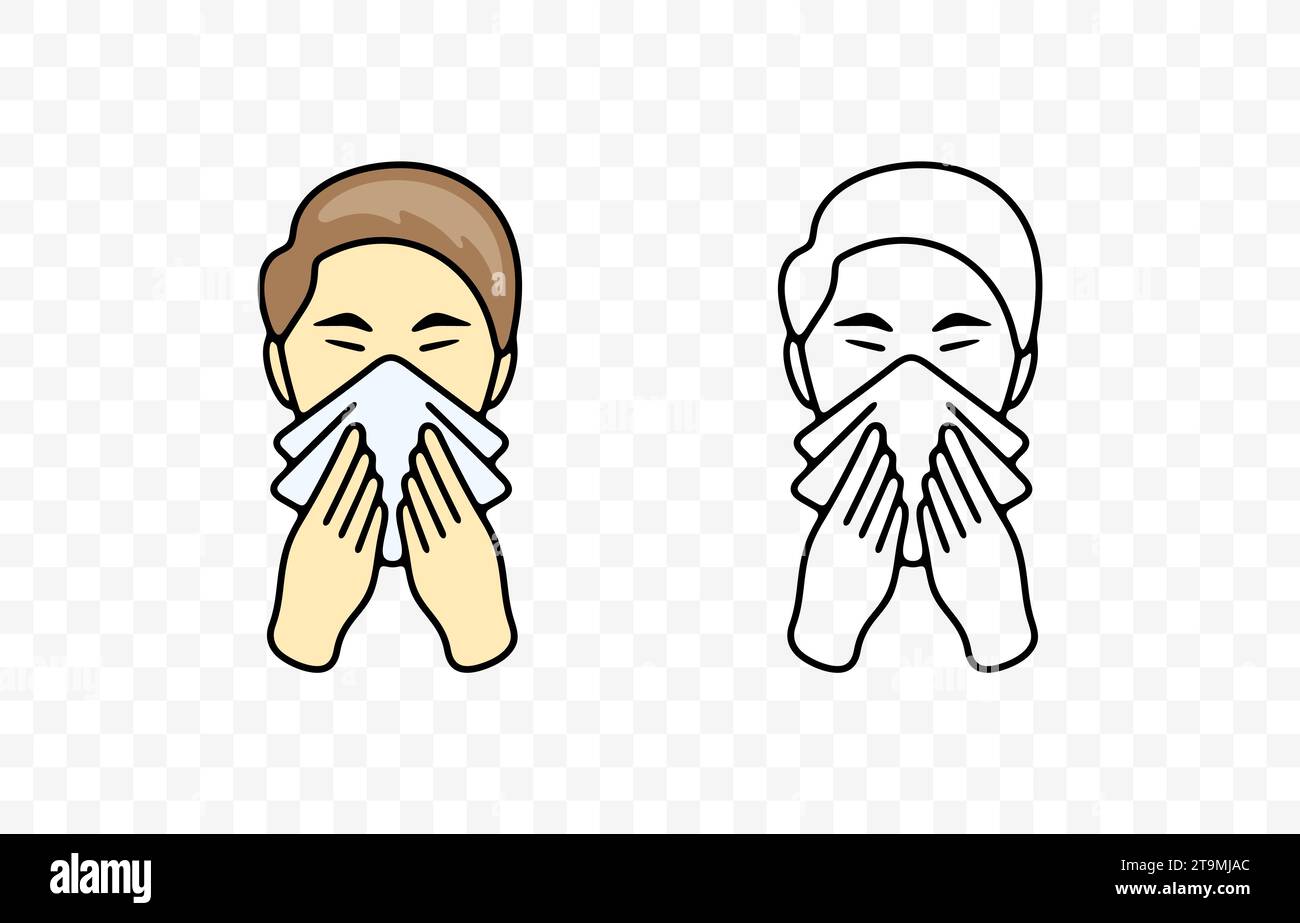 Sick man blowing her nose or sneezing into handkerchief, graphic design ...