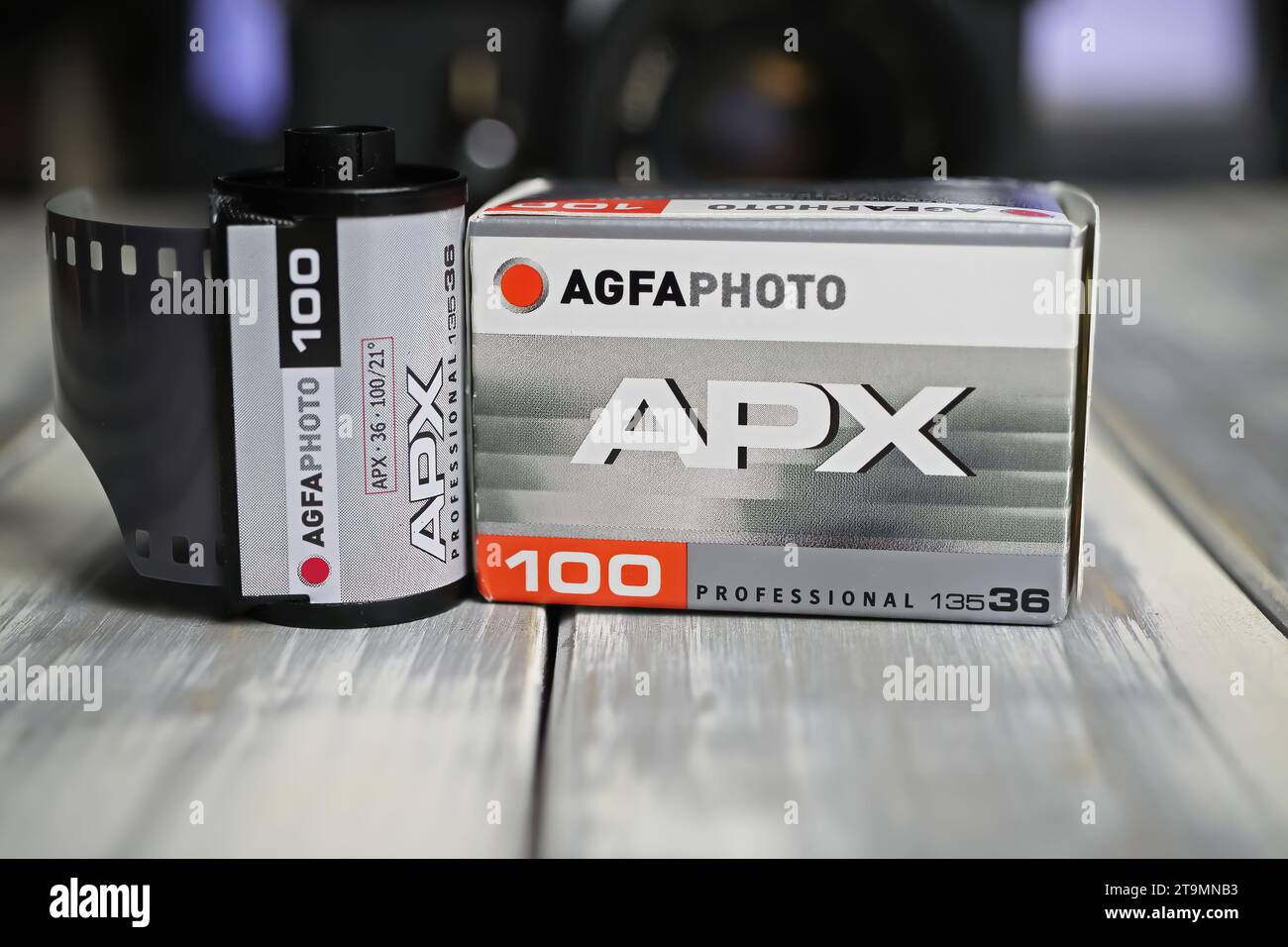Viersen, Germany - June 9. 2023: Closeup of Agfa APX black and white 35 ...