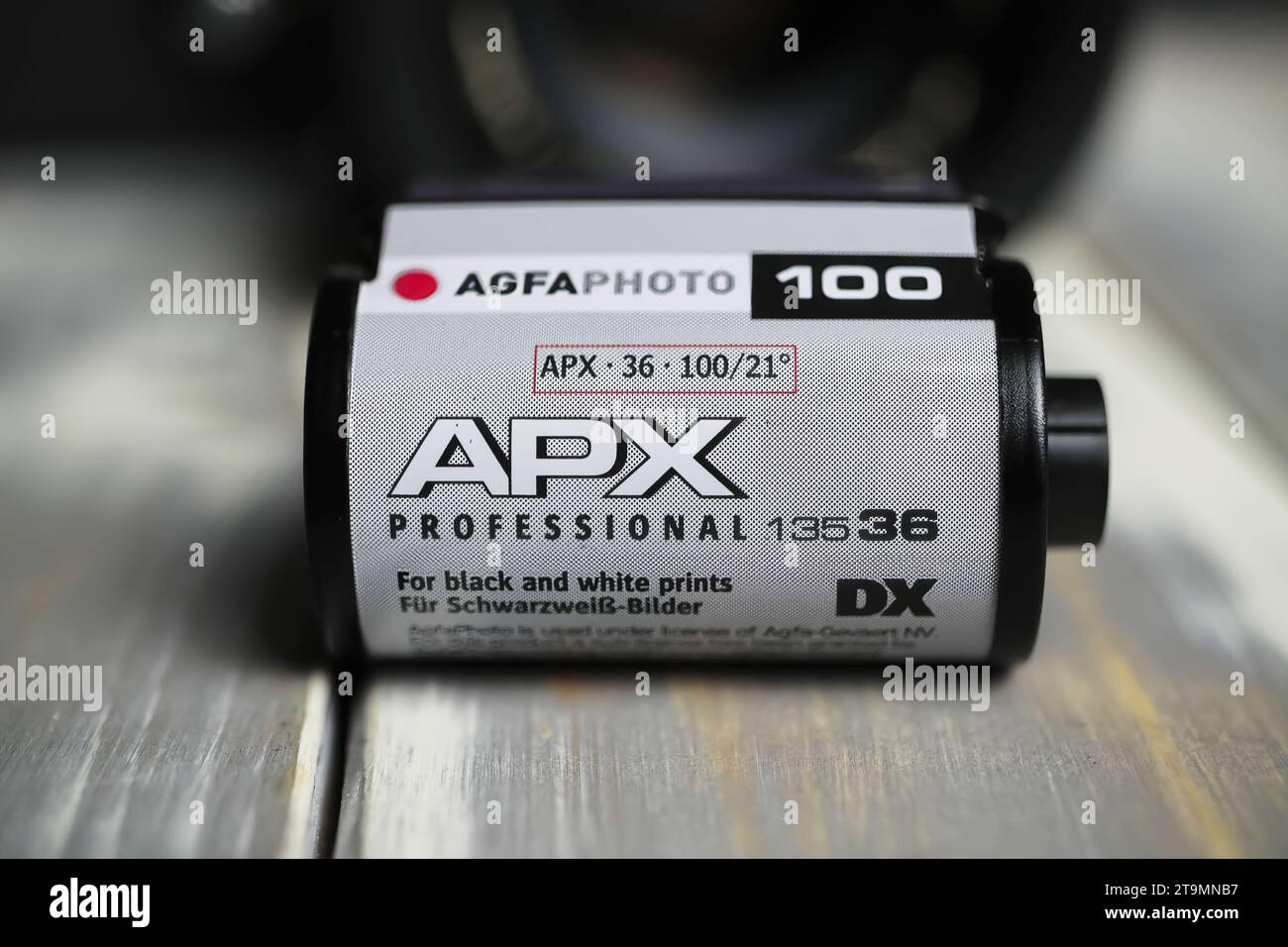 Viersen, Germany - June 9. 2023: Closeup of Agfa APX black and white 35 ...