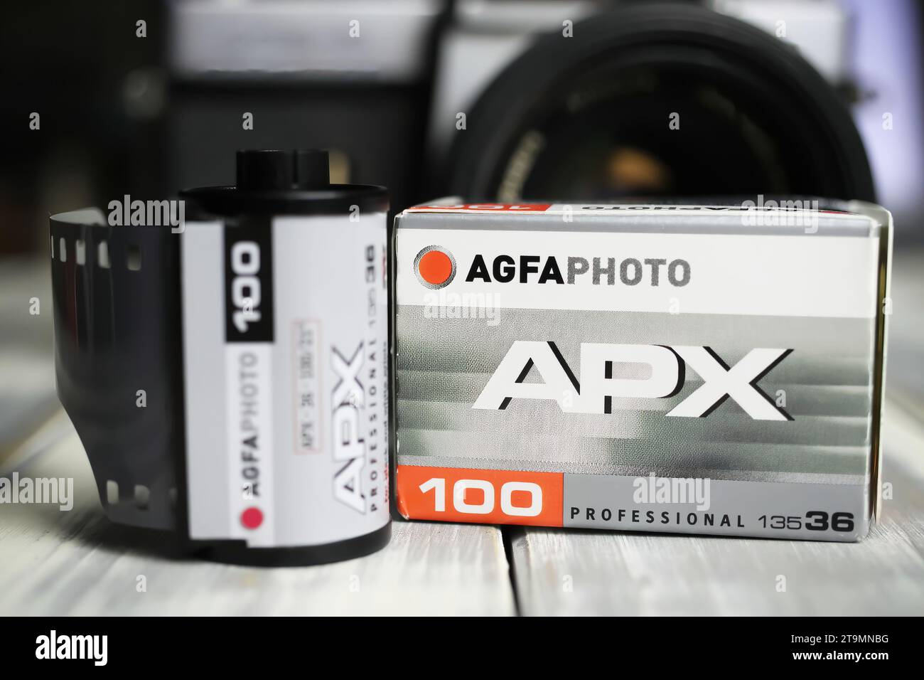 Viersen, Germany - June 9. 2023: Closeup of Agfa APX black and white 35 ...