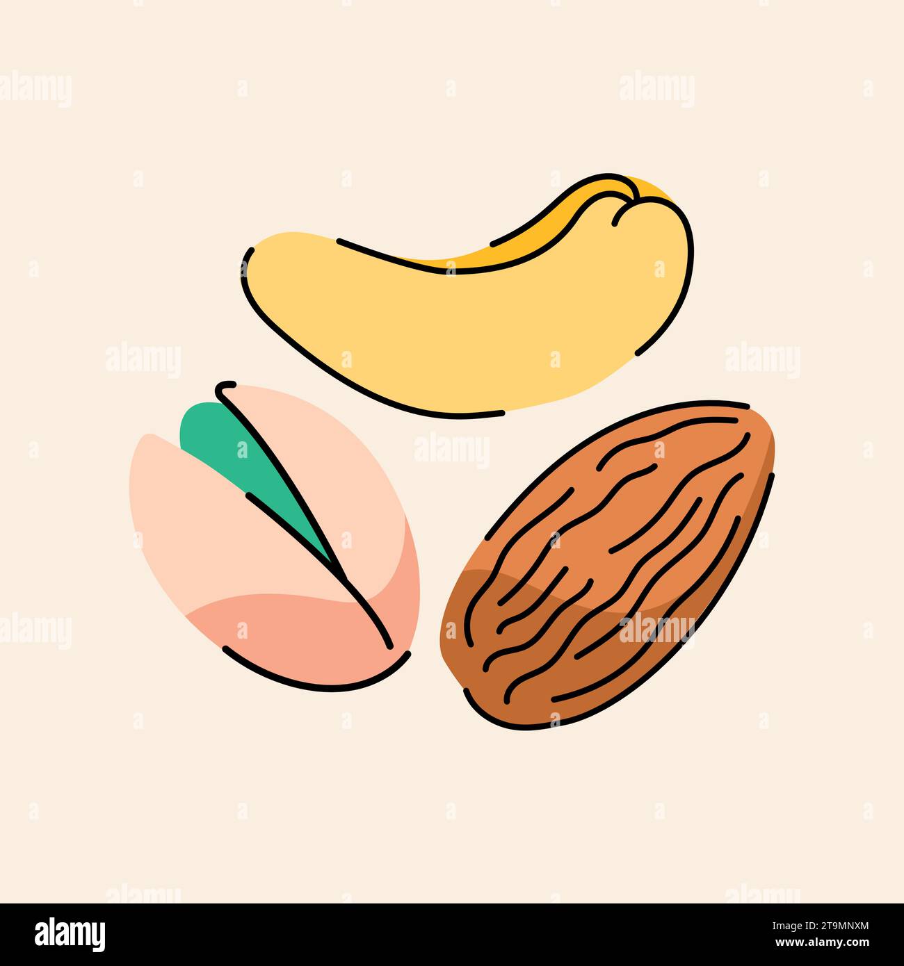Hand drawn mix nuts: cashew, almond, cashew color element. Cartoon ...