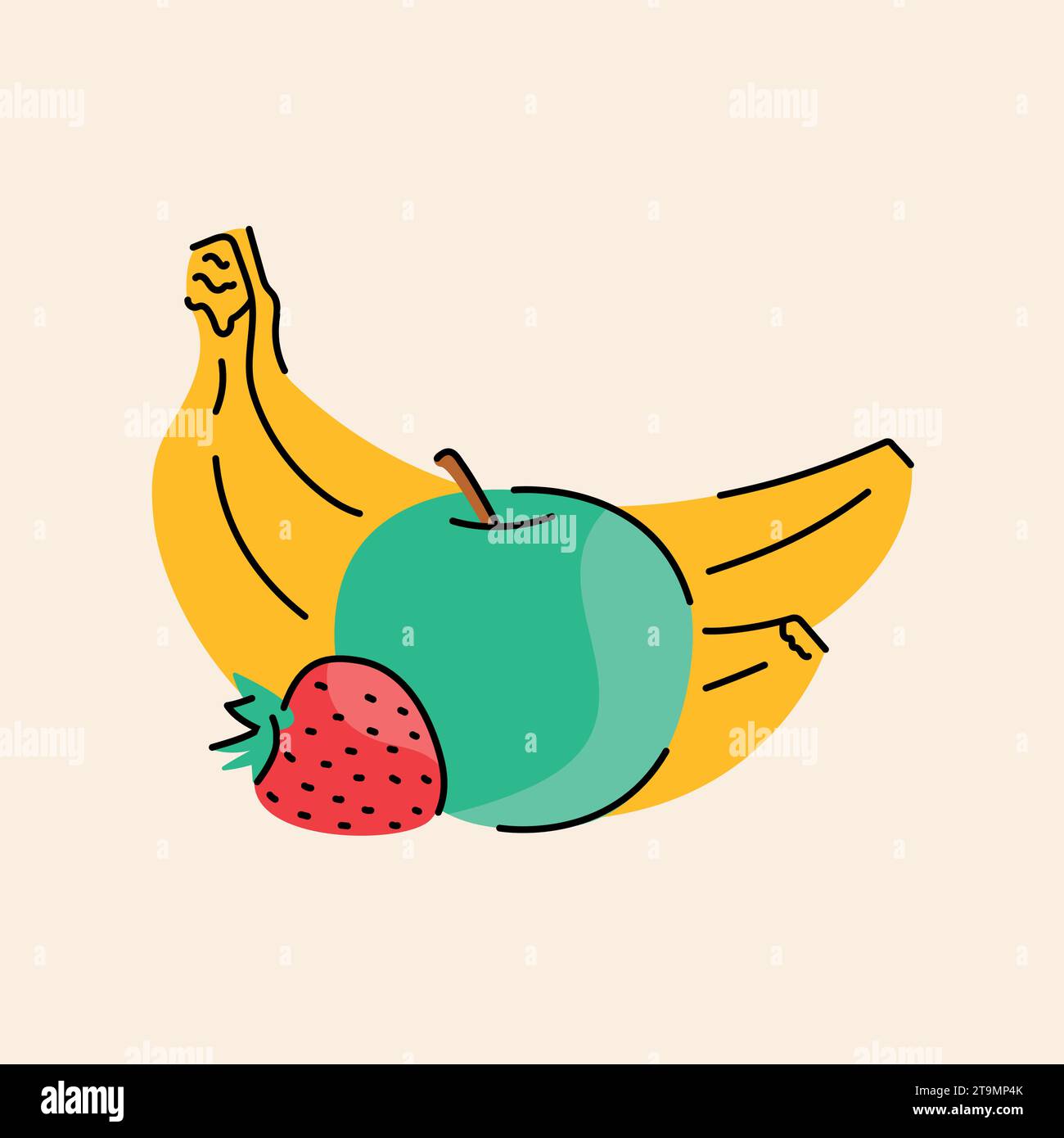 Hand drawn fruit set: banana, apple, strawberry color element. Cartoon ...