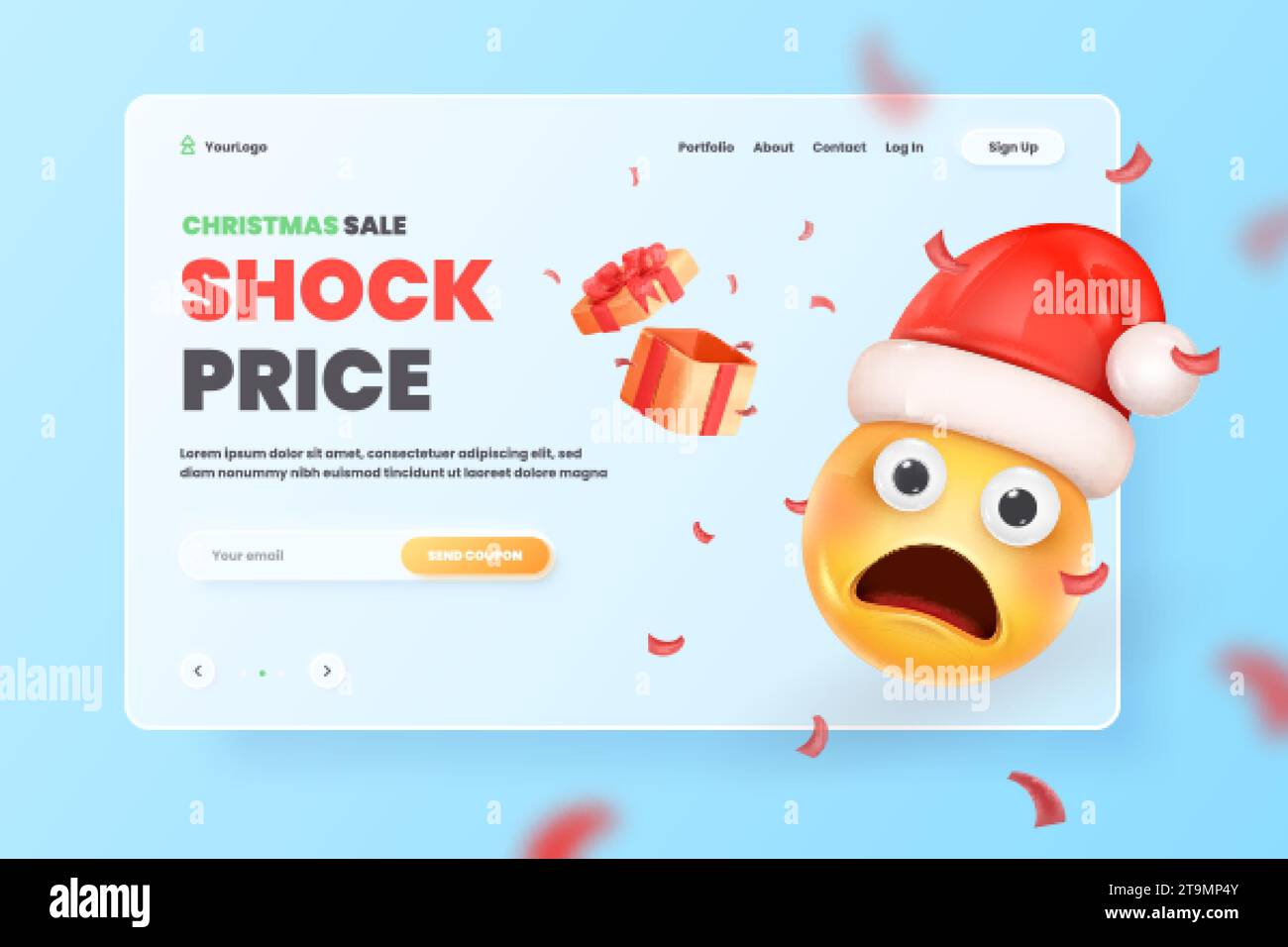 3d christmas landing. Xmas sale offer banner design, surprise gift box ...