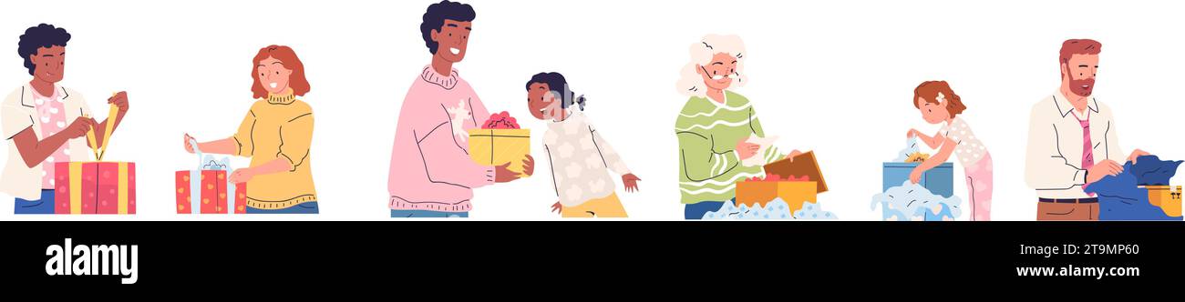 People unpacking gifts. Person characters opening presents, customer ...