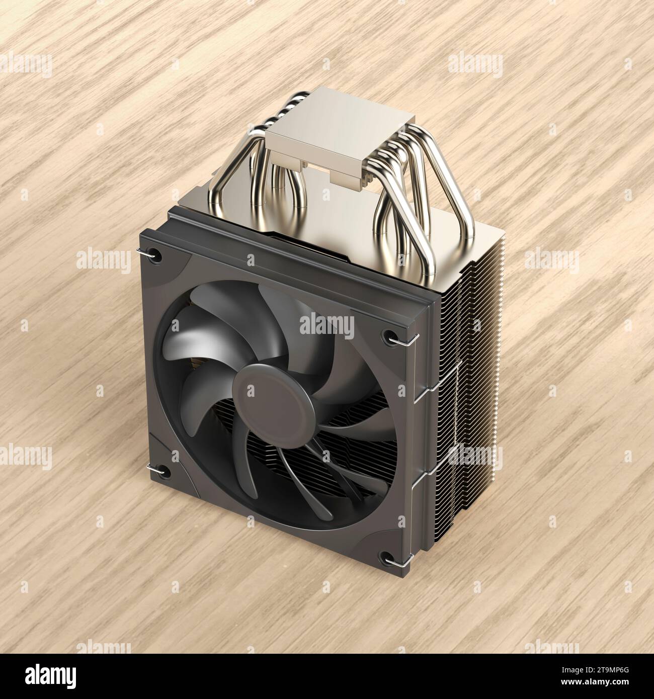 High performance CPU air cooler with five heat pipes on wooden desk ...